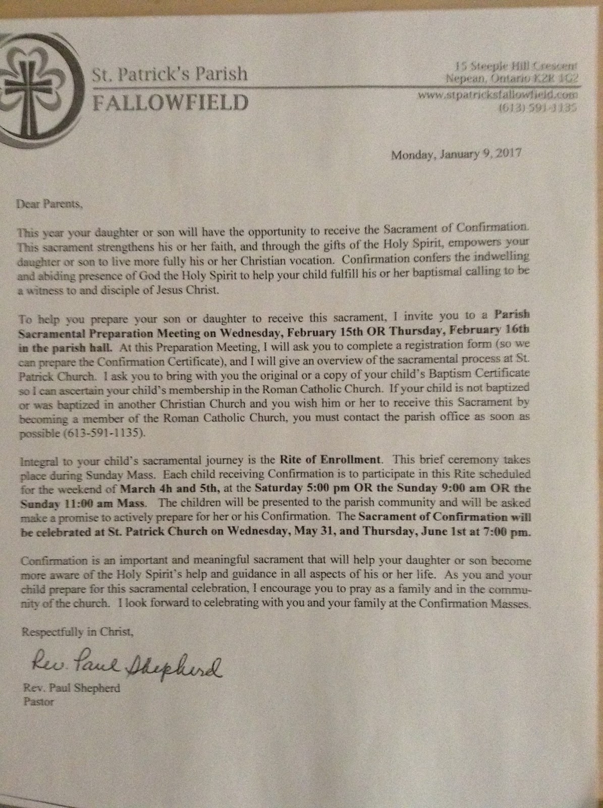 Mr. Pouliot's Classroom Blog: Confirmation Letter from Father Shepherd