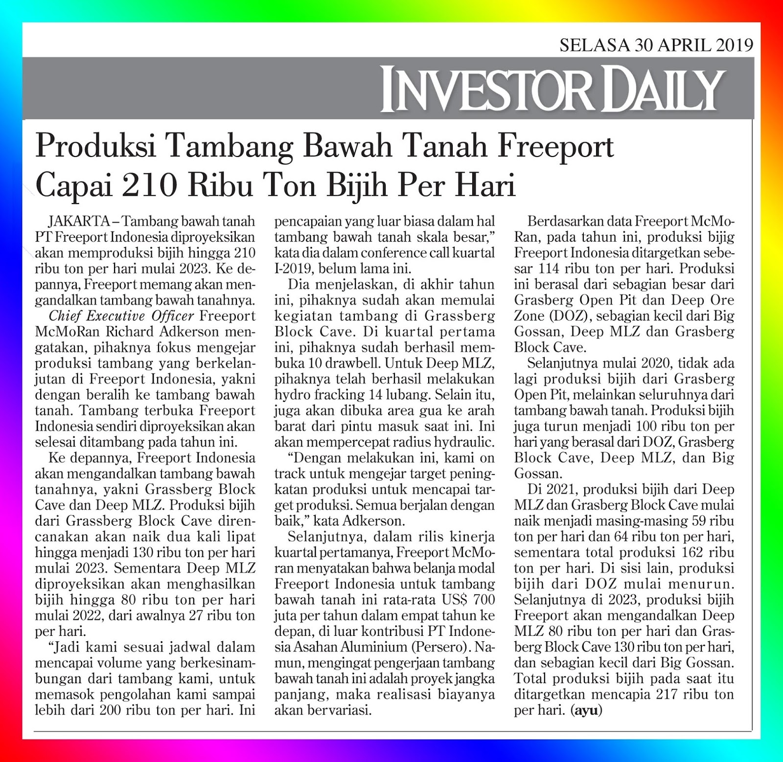 Freeport Underground Mining Production Reaches 210 Thousand Tons of Ore ...