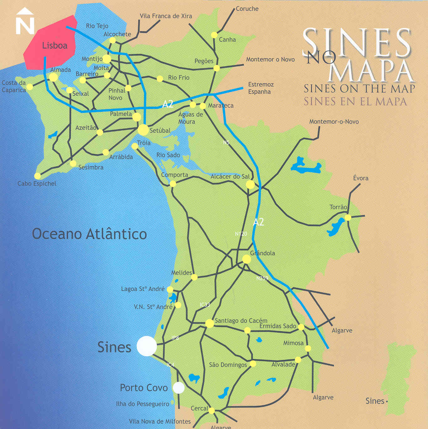 Sines: Fermati, senti e esplora: Mappa della comune