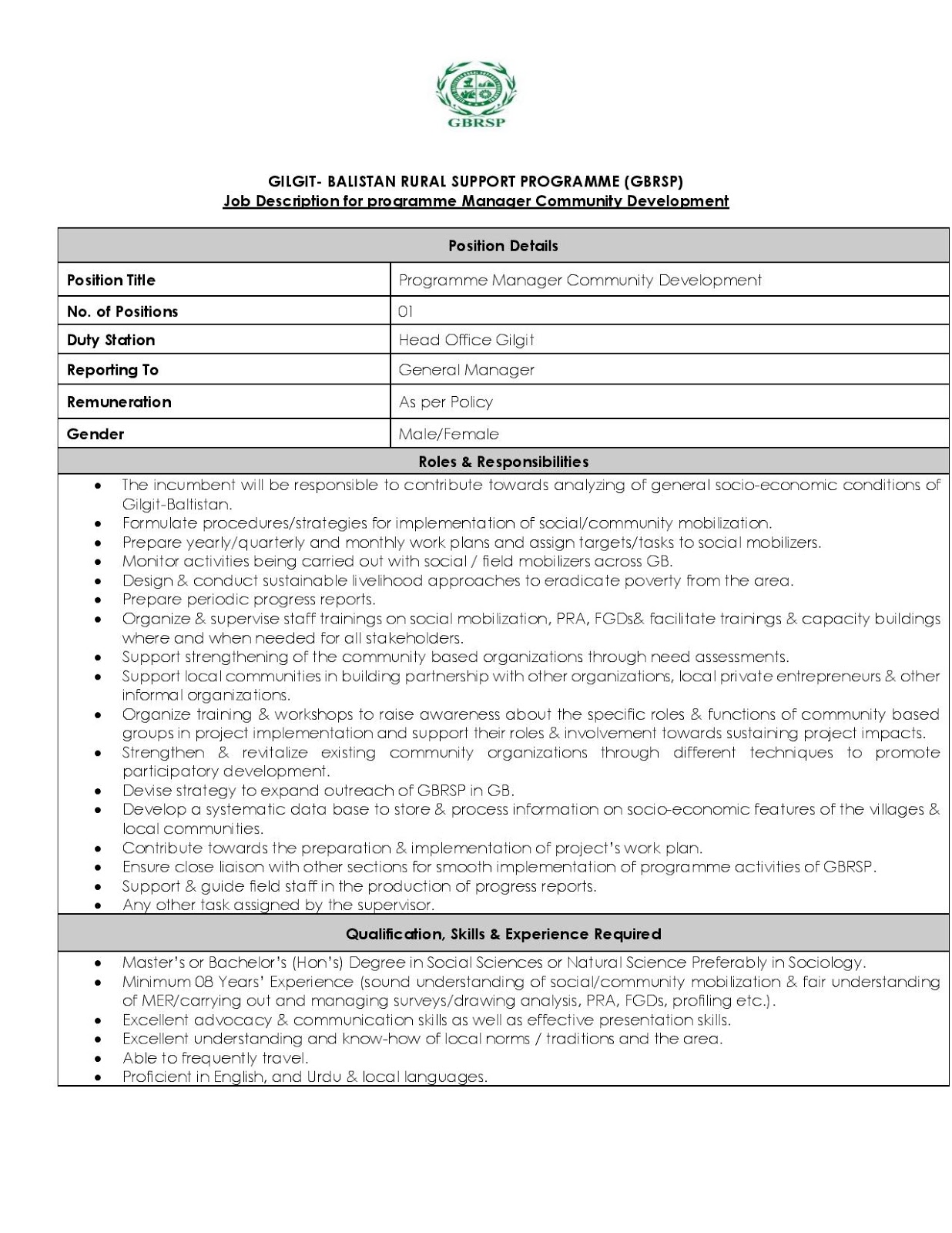 Gilgit-Baltistan Rural Support Programe (GBRSP) invites Application ...