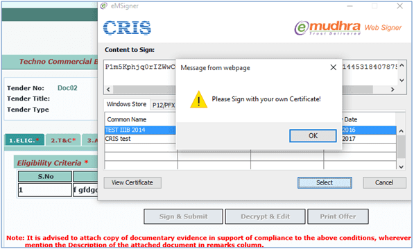 "Please sign with your own certificate!" error message on IREPS website ...