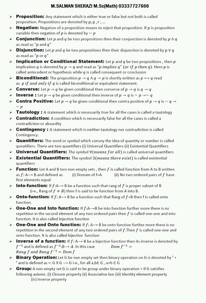 First Year Math important Definitions - Zahid Notes