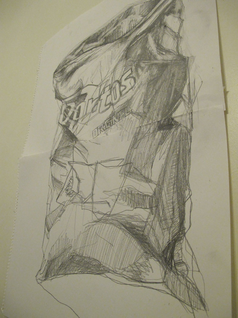MC drawn: Doritos bag — sketch: grey-lead pencil