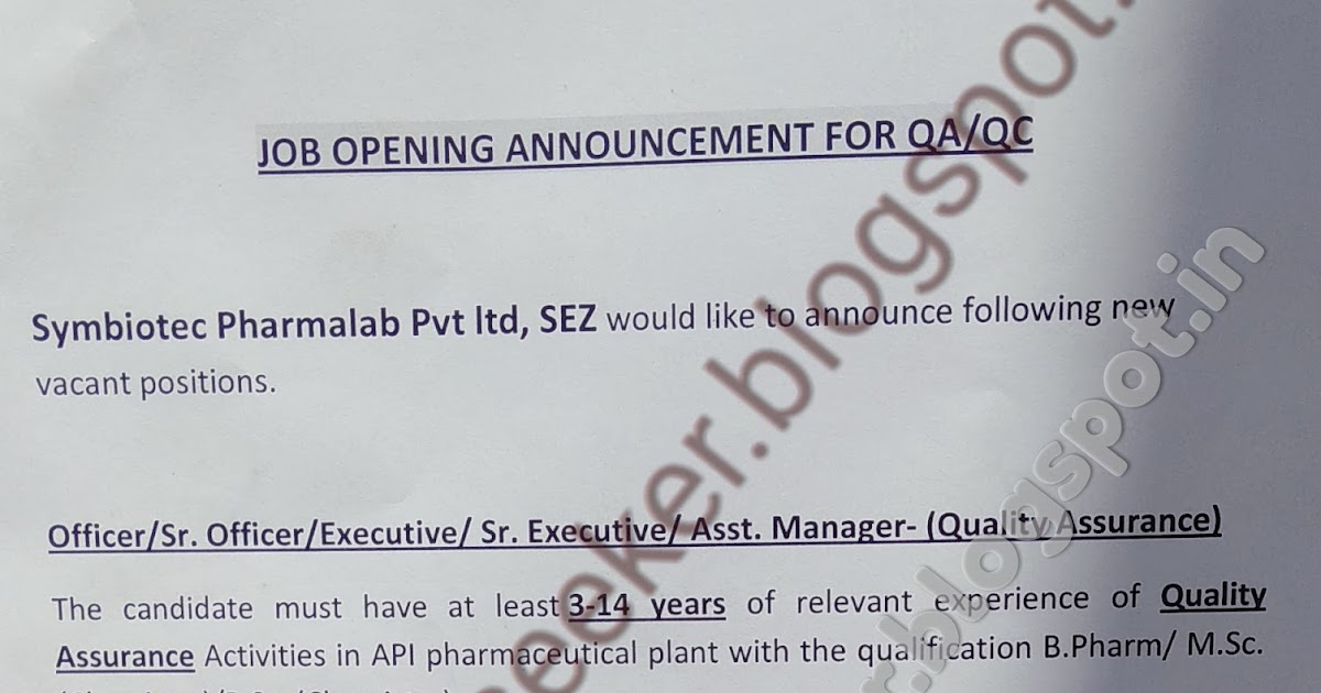 Pharma Job Seeker: JOB OPENING QA QC IN SYMBIOTEC PHARMALAB PVT LTD ...