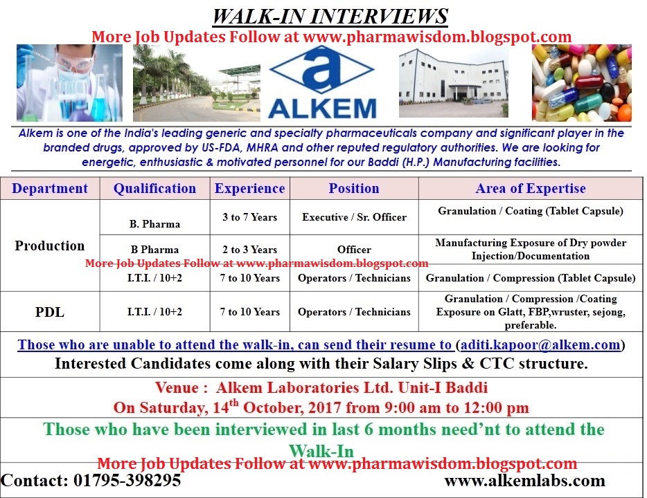 ALKEM LABORATORIES - Walk-In Interviews for Experienced Candidates on ...
