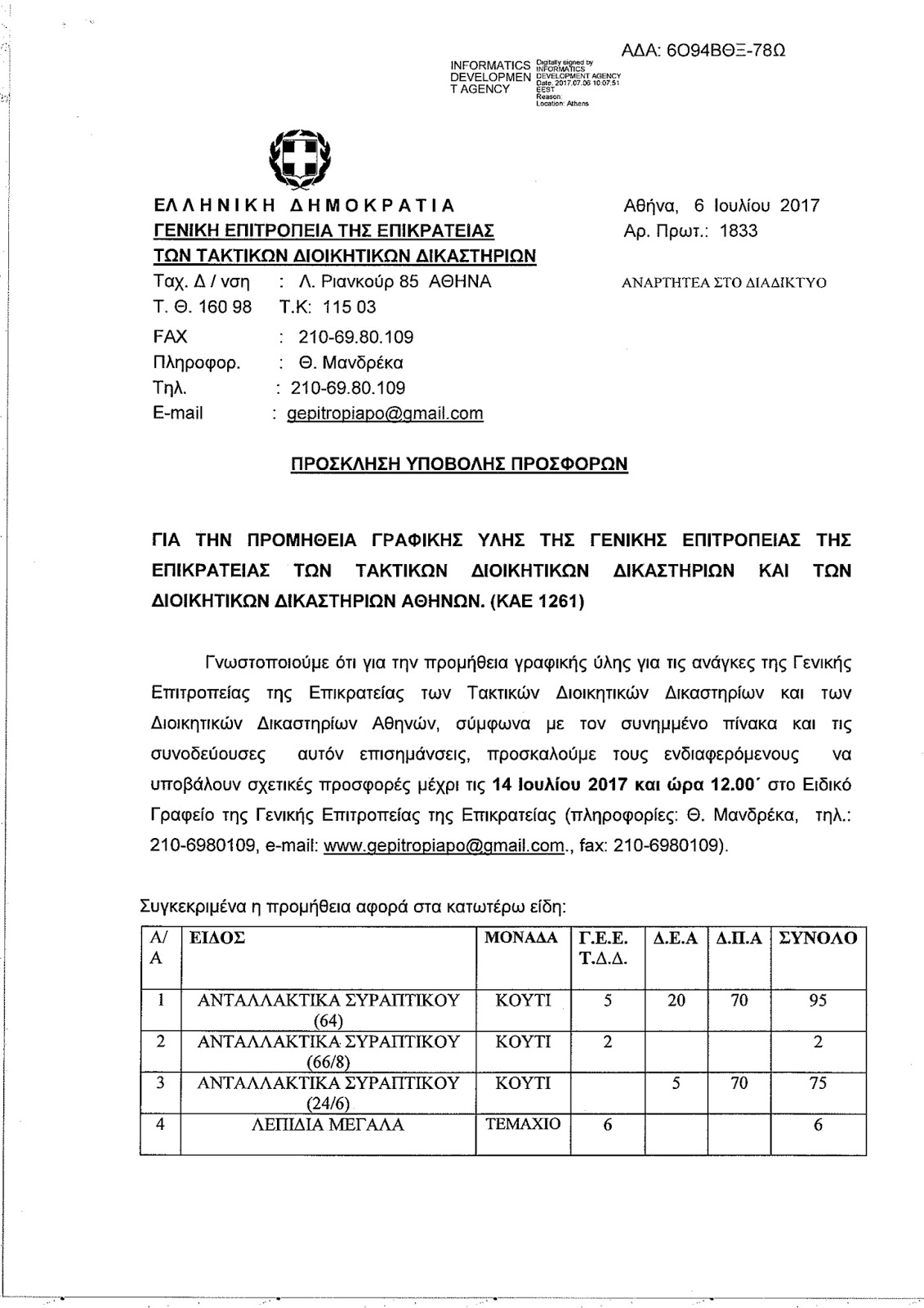 ΓΕΝΙΚΗ ΕΠΙΤΡΟΠΕΙΑ: ΠΡΟΣΚΛΗΣΗ ΥΠΟΒΟΛΗΣ ΠΡΟΣΦΟΡΩΝ ΓΙΑ ΤΗΝ ΠΡΟΜΗΘΕΙΑ ...