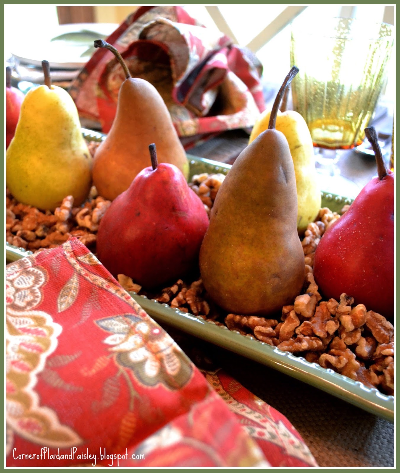 Pear Tablescape- the start of Fall - Corner of Plaid and Paisley