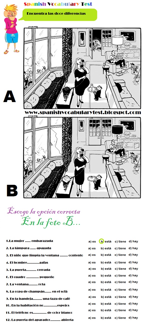 Spanish Test: Spanish Vocabulary Test: Spot the twelve differences. Ser ...