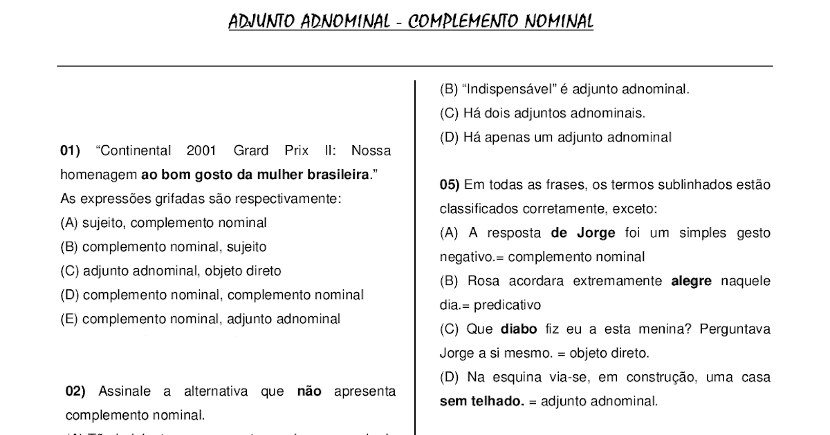 Exercícios Sobre Complemento Nominal E Adjunto Adnominal - EDUCA