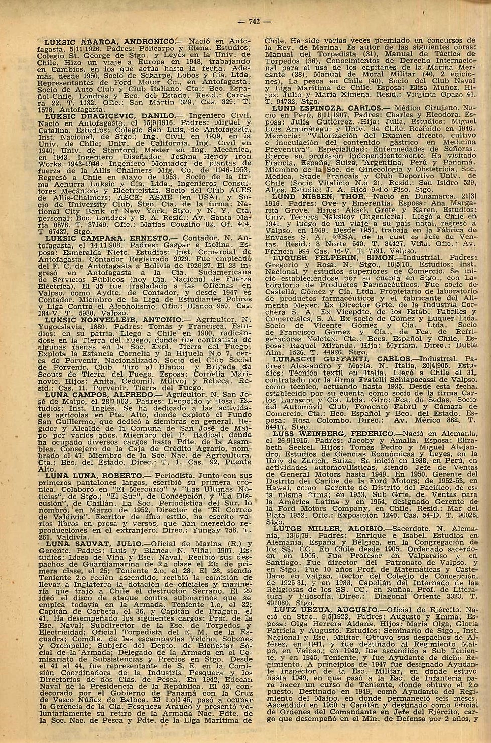 Diccionario Biográfico de Chile 9a Edición 1953: 742 LUKSIC LUNA LUND LUTZ