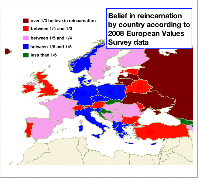 e g r e g o r e s: Belief in reincarnation in Europe by country (Map of ...