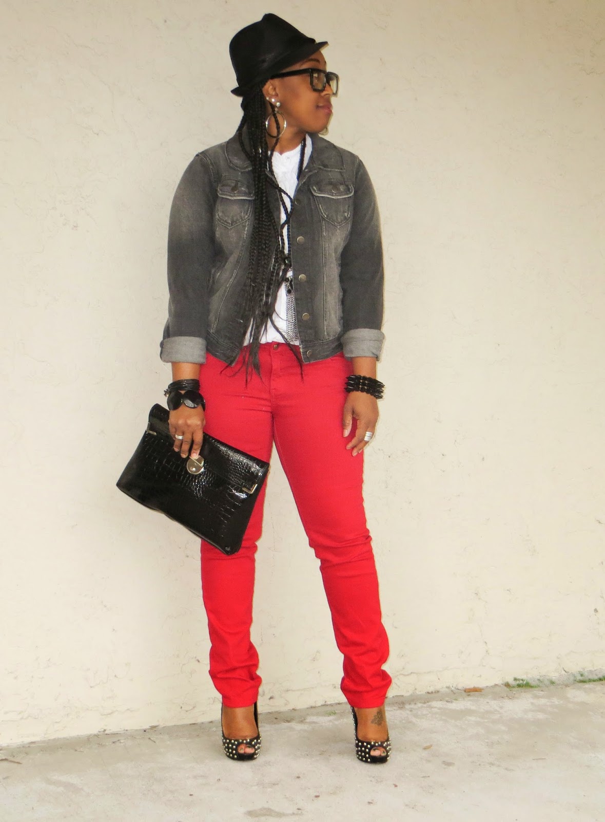 Outfit: Fedora, Ash Jean Jacket, and Red Skinnies