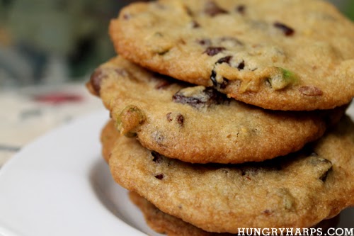 Hungry Harps: Crisp Chocolate Chip Cookies with Dried Cherries & Pistachios
