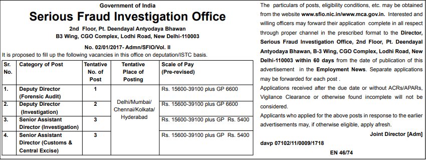 Serious Fraud Investigation Office Recruitment 2018 - Rs.15,000 to Rs ... Serious Fraud Investigation Office Recruitment 2018 - Rs.15,000 to Rs ...
