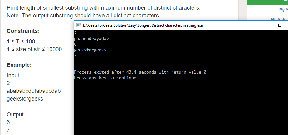 Geeksforgeeks Solution For " Longest Distinct characters in string