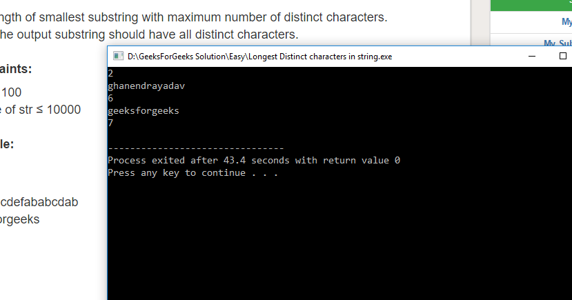 Geeksforgeeks Solution For " Longest Distinct characters in string