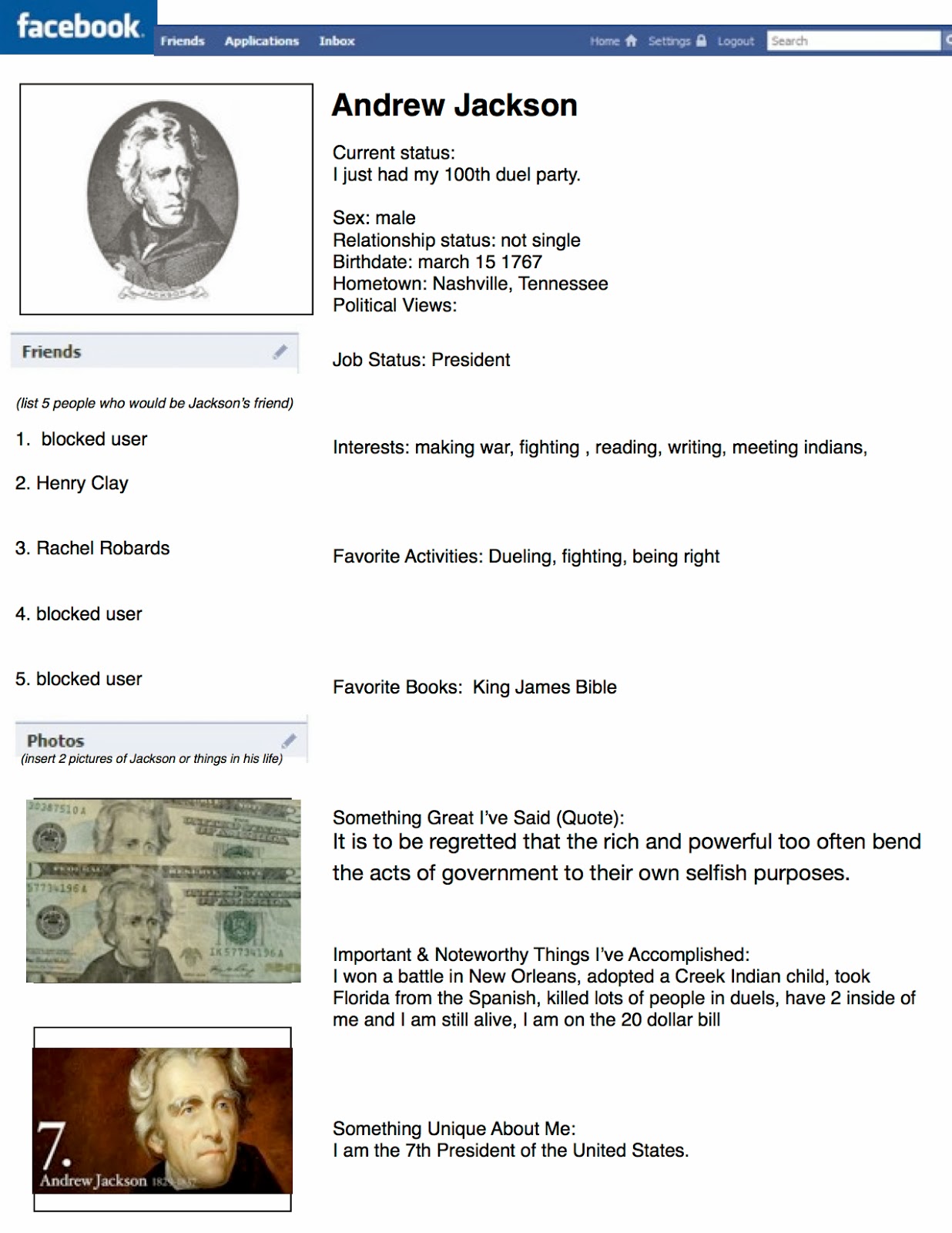 Mrs. Mooney's Teaching World: Andrew Jackson's Facebook Profile