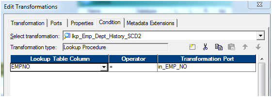 7. Edit the lookup transformation go to --> Condition tab todefined ...