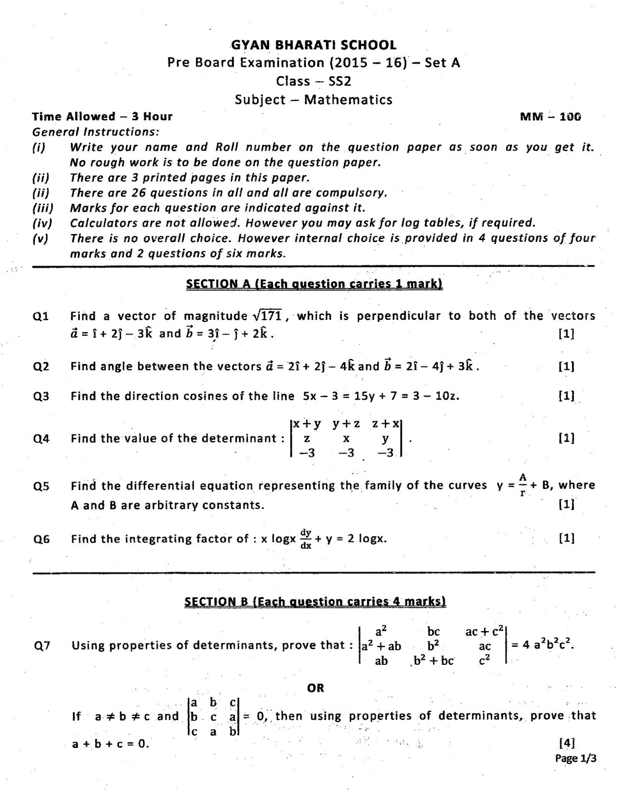 Class XII Mathematics GYAN BHARTI SCHOOL Pre Board Question Paper 2015 ...