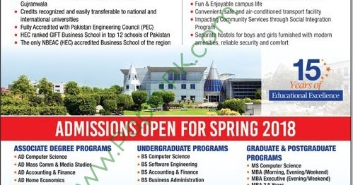 Gift University Admissions Spring 2018 - Computer Zila