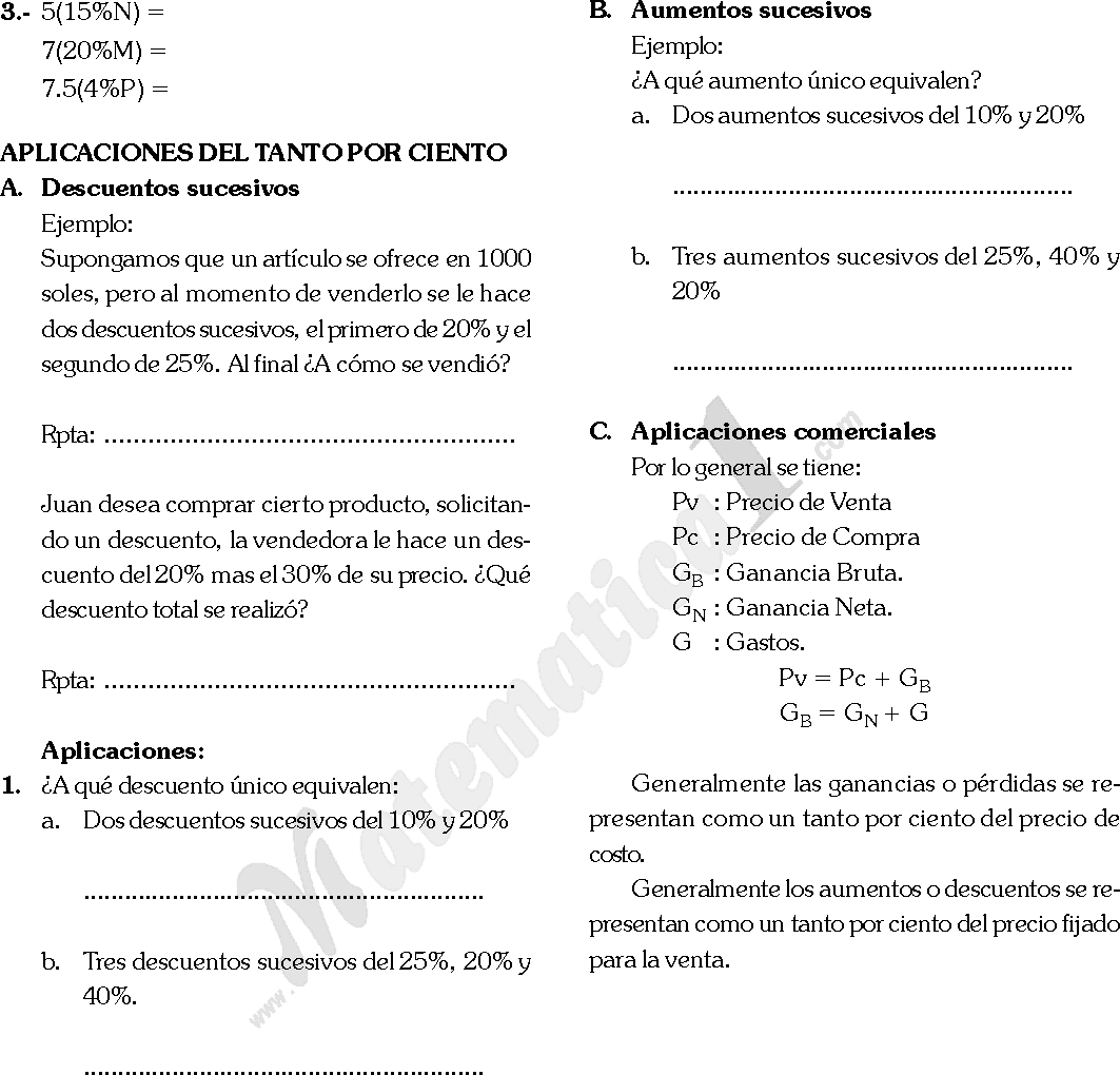 REGLA DEL TANTO POR CIENTO Y PORCENTAJES PREGUNTAS DESARROLLADAS EN PDF