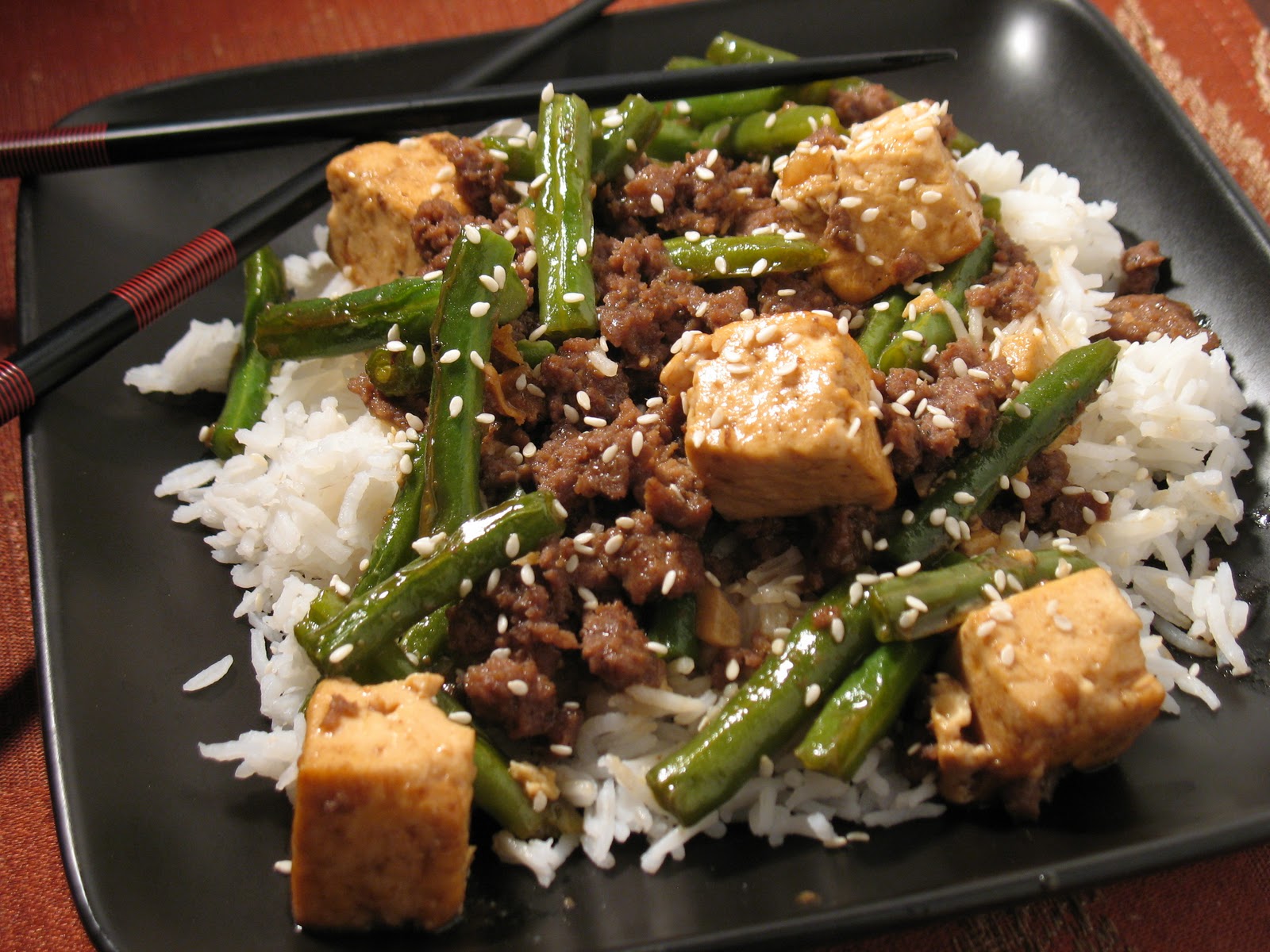 SOUNDING MY BARBARIC GULP!: Spicy Ground Bison with Green Beans & Tofu