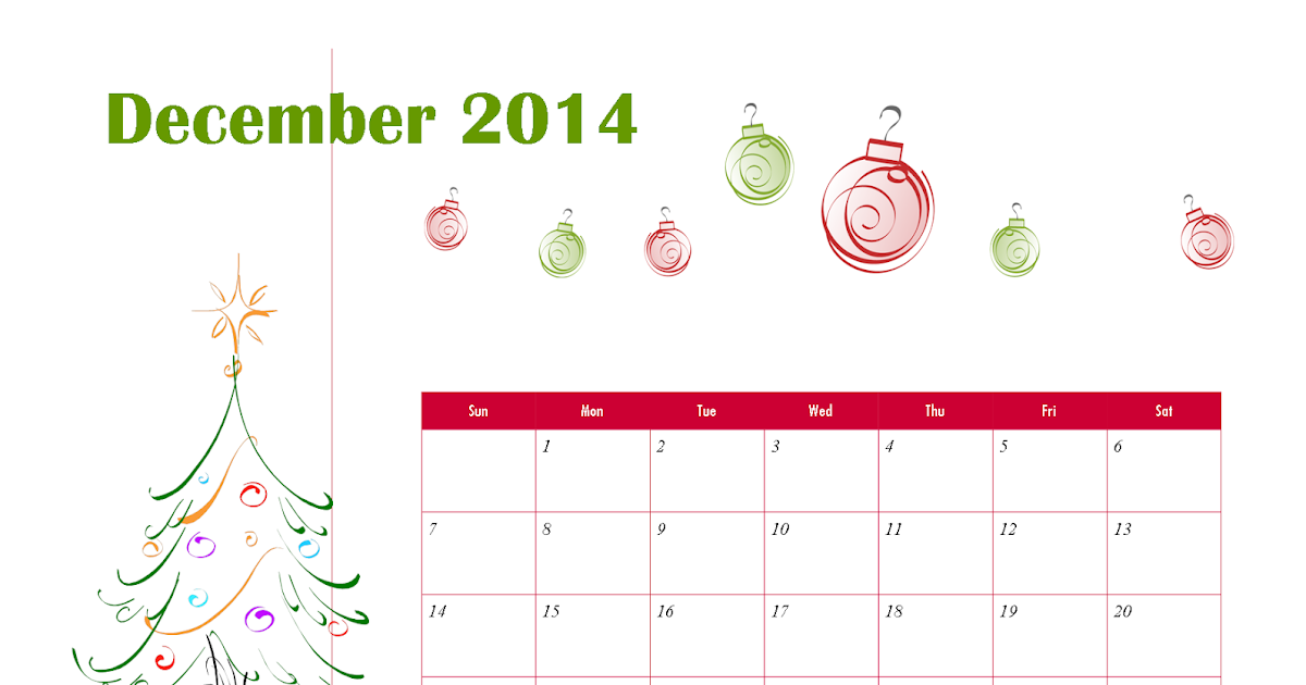 Free Printable December 2014 Calendar For Kids - Santa, Christmas Tree ...