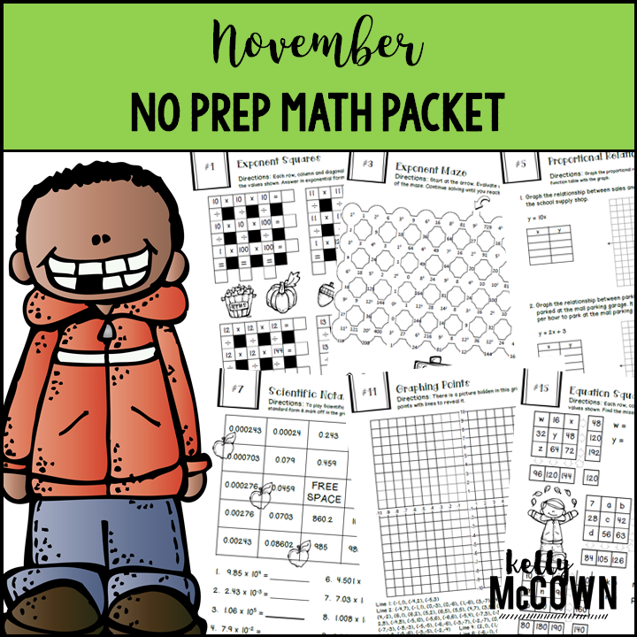Kelly McCown: November NO PREP Math Packet - 8th Grade