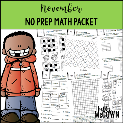 Kelly McCown: November NO PREP Math Packet - 8th Grade