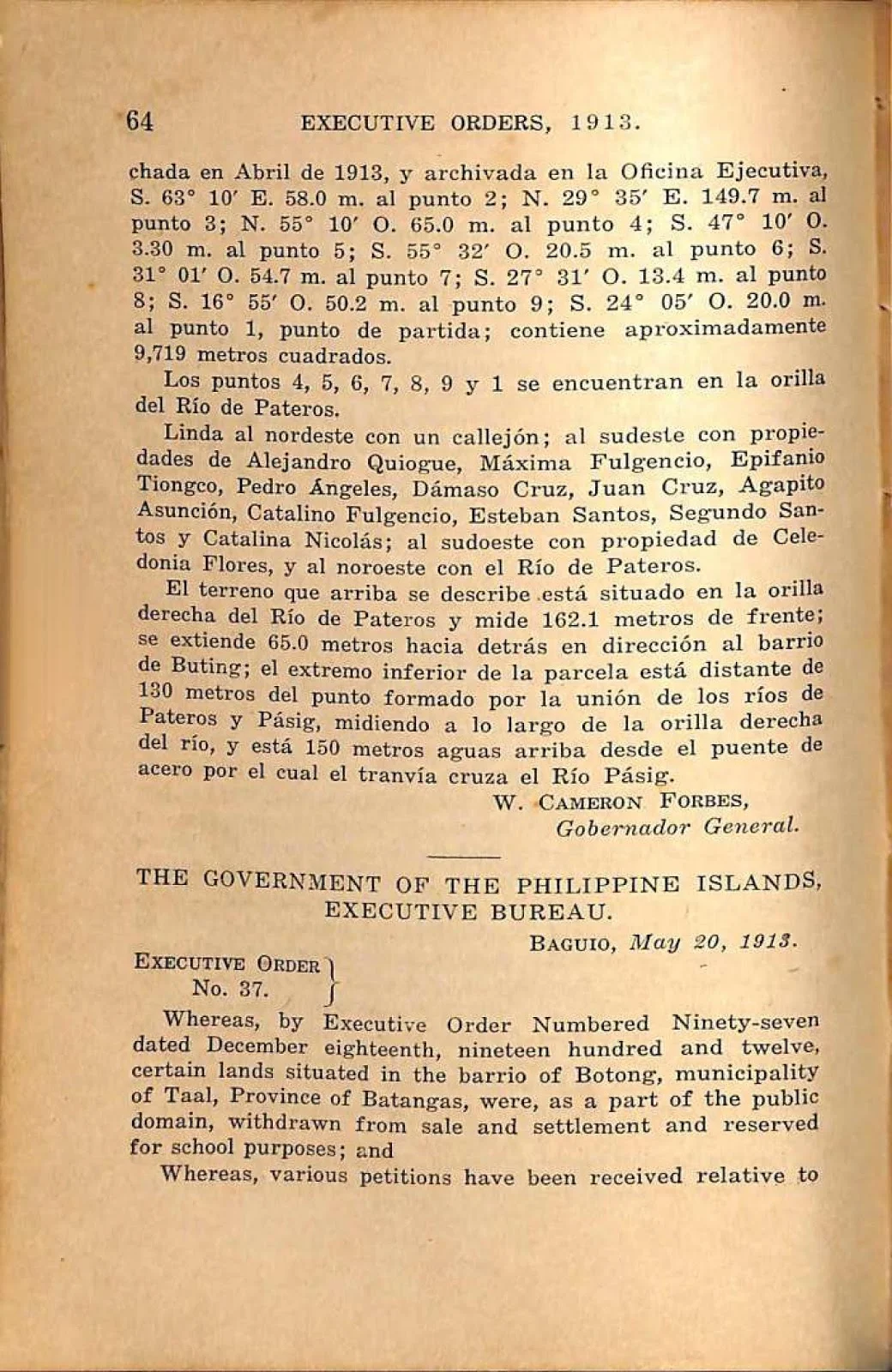 Executive Order No. 37 Series of 1913 Revoking Earlier Reservation of ...