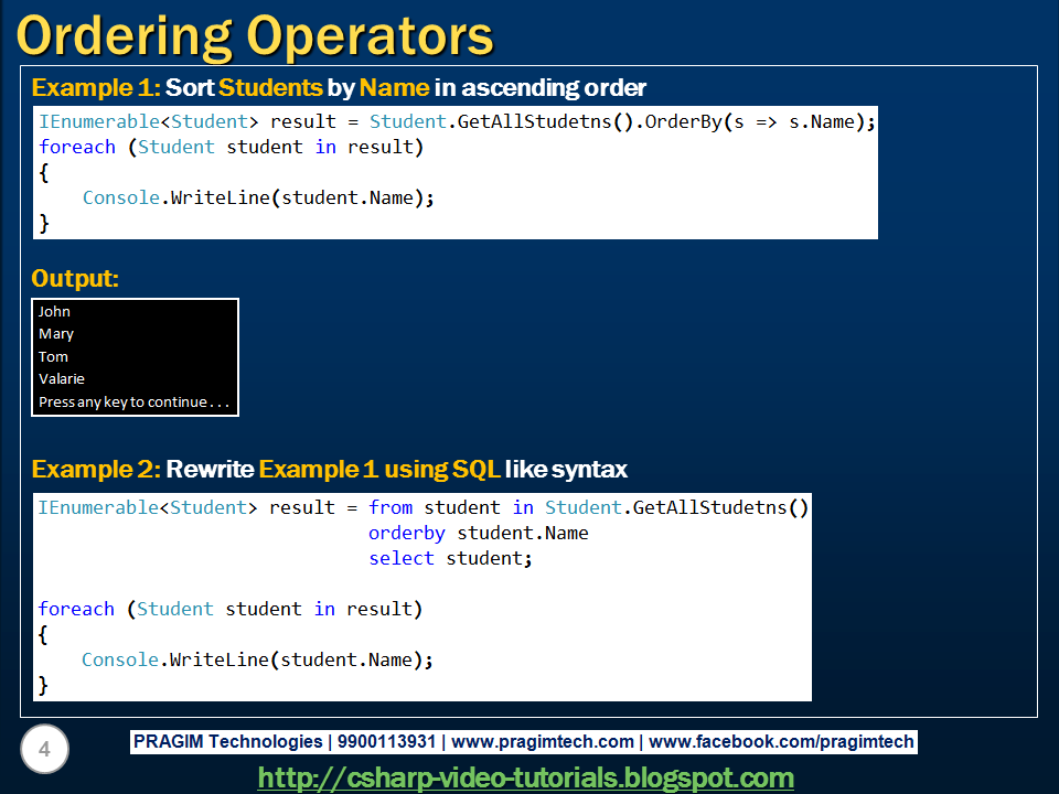 Sql server, .net and c# video tutorial: Part 10 - Ordering Operators in ... Sql server, .net and c# video tutorial: Part 10 - Ordering Operators in ...