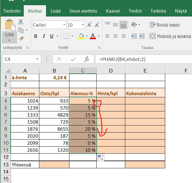 Taulukkolaskenta: ALENNUS (PHAKU)