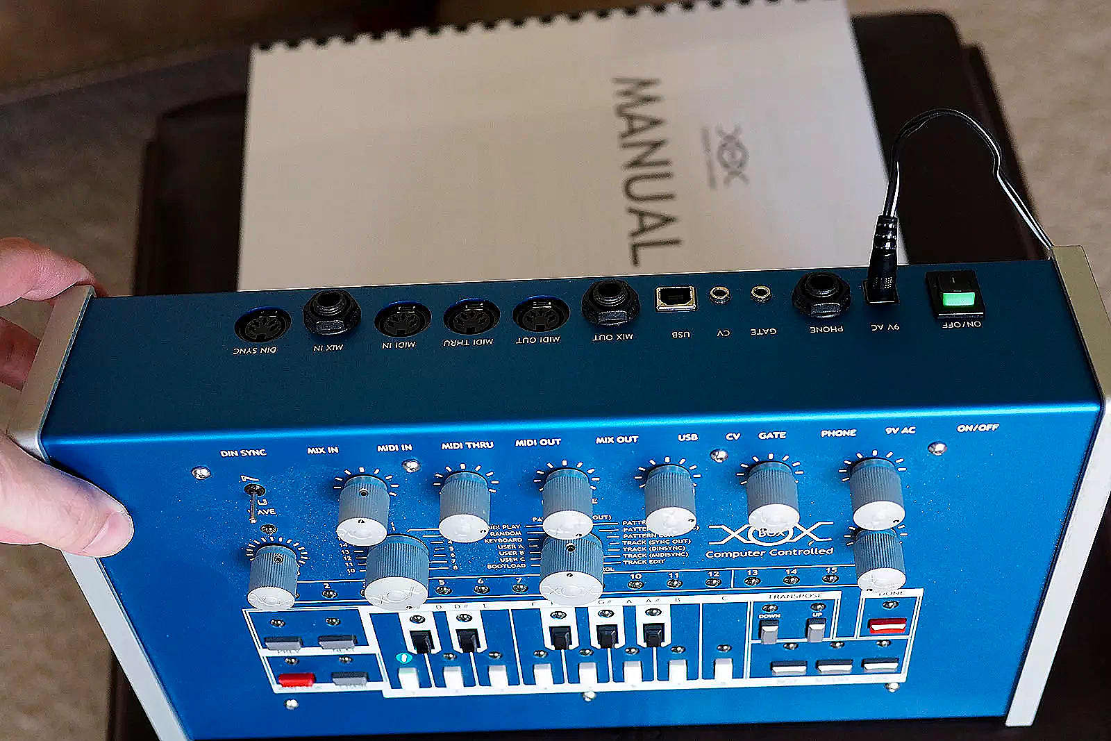 MATRIXSYNTH: Custom x0xb0x by Andy Pledger. Blue metal with green LEDs