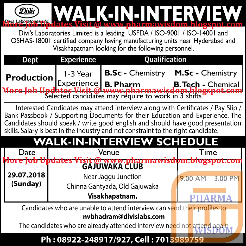 Divis Laboratories Limited - Walk-In Interviews on 29th July, 2018 ...