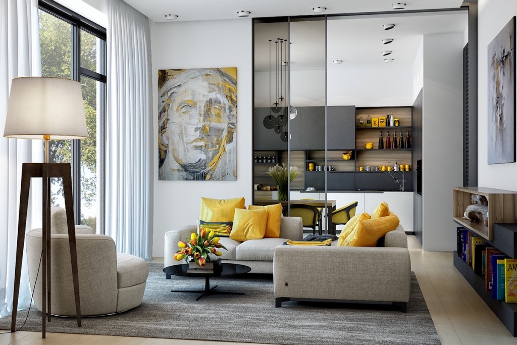Living Room Kece dengan Aksen Warna Kuning