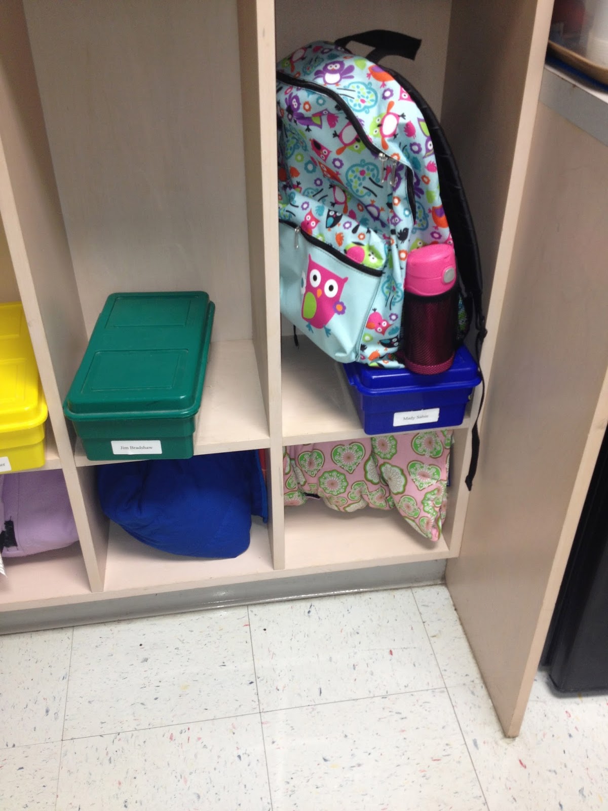 Kindergarten Girl: back pack and cubby area