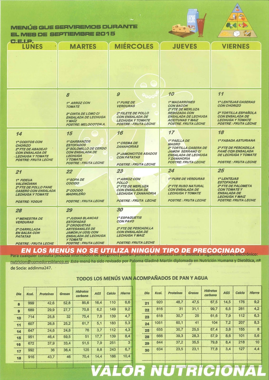 Colegio: Menú del Comedor Escolar. Septiembre