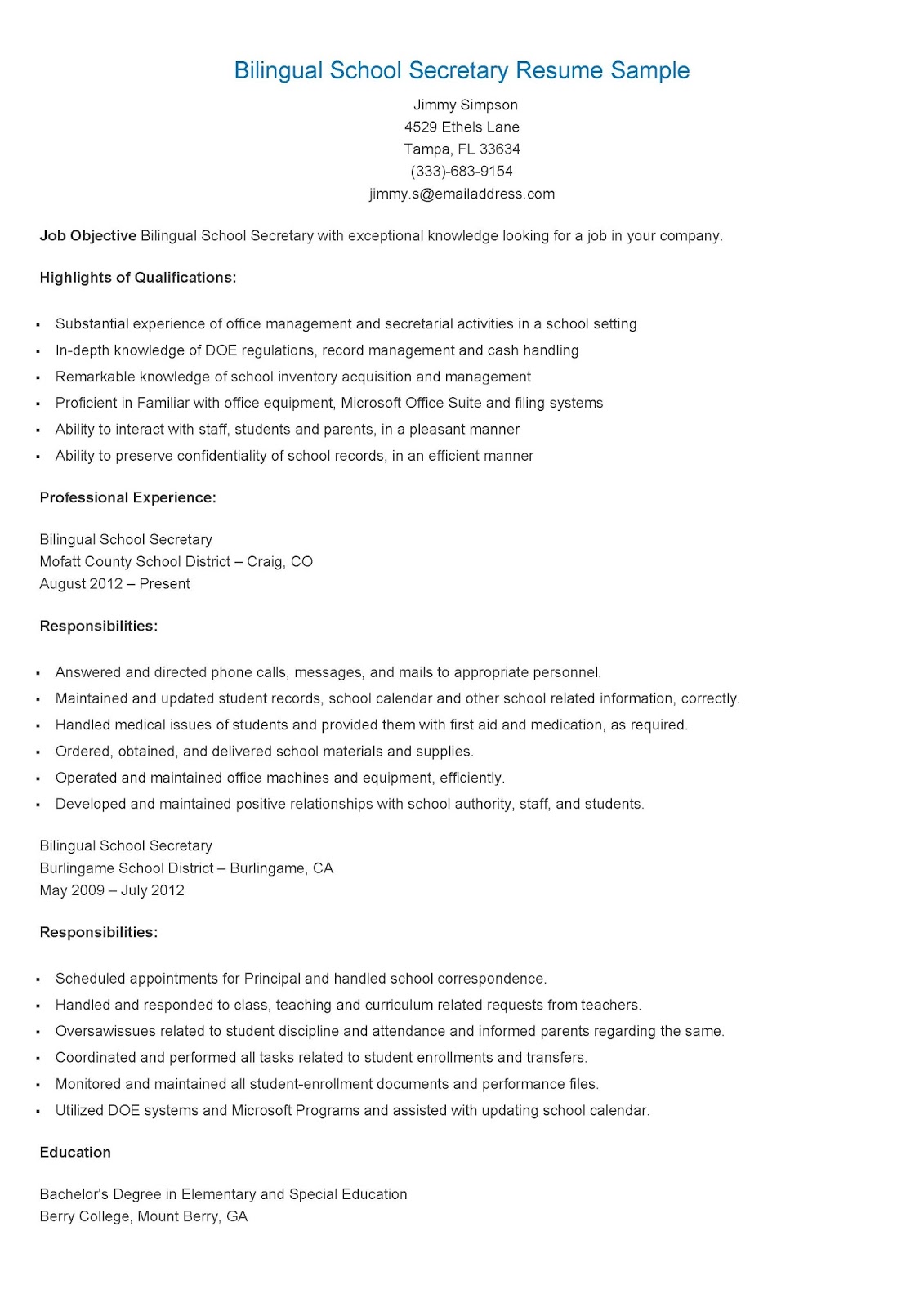 Resume Samples: Bilingual School Secretary Resume Sample