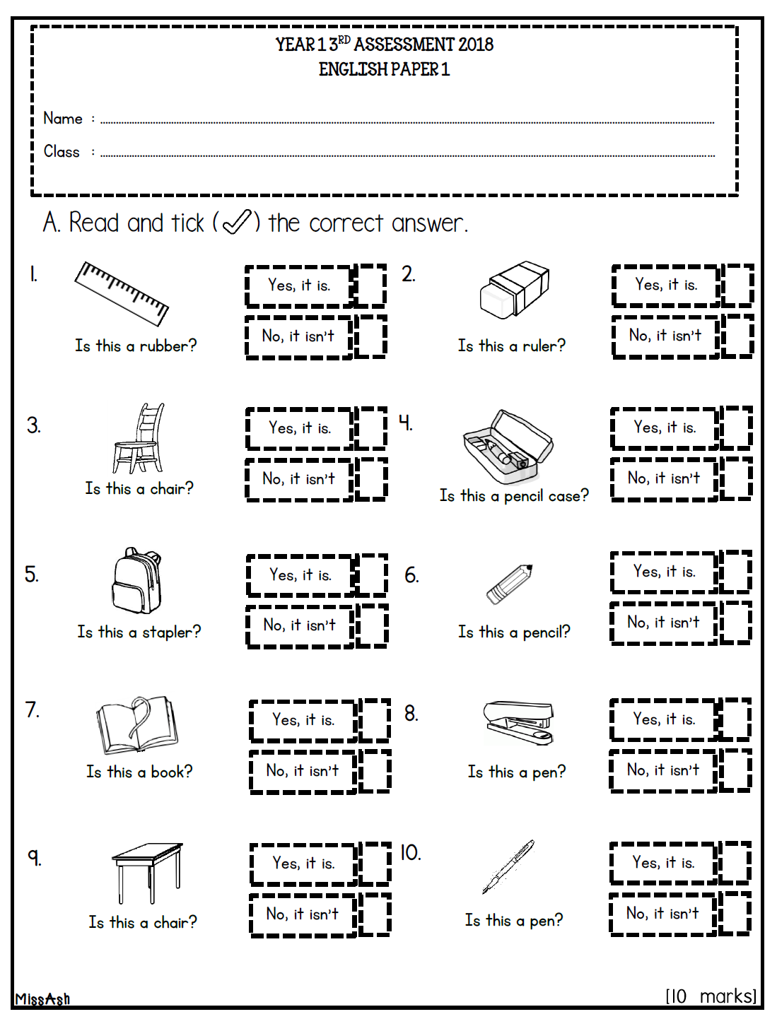 ASH THE TEACHER: YEAR 1 AUGUST ASSESSMENT PAPER 1 & 2