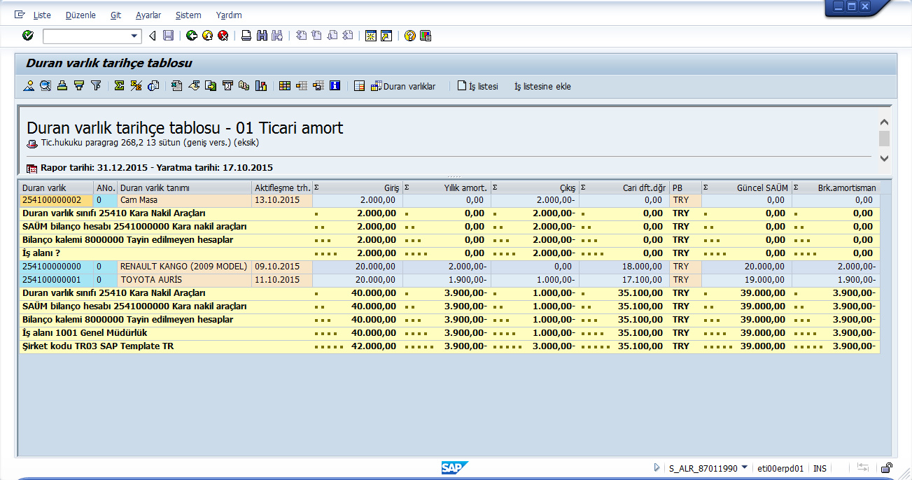 Duran Varlık Tarihçe Raporunun Görüntülenmesi (AR02, S_ALR_87011990 ...