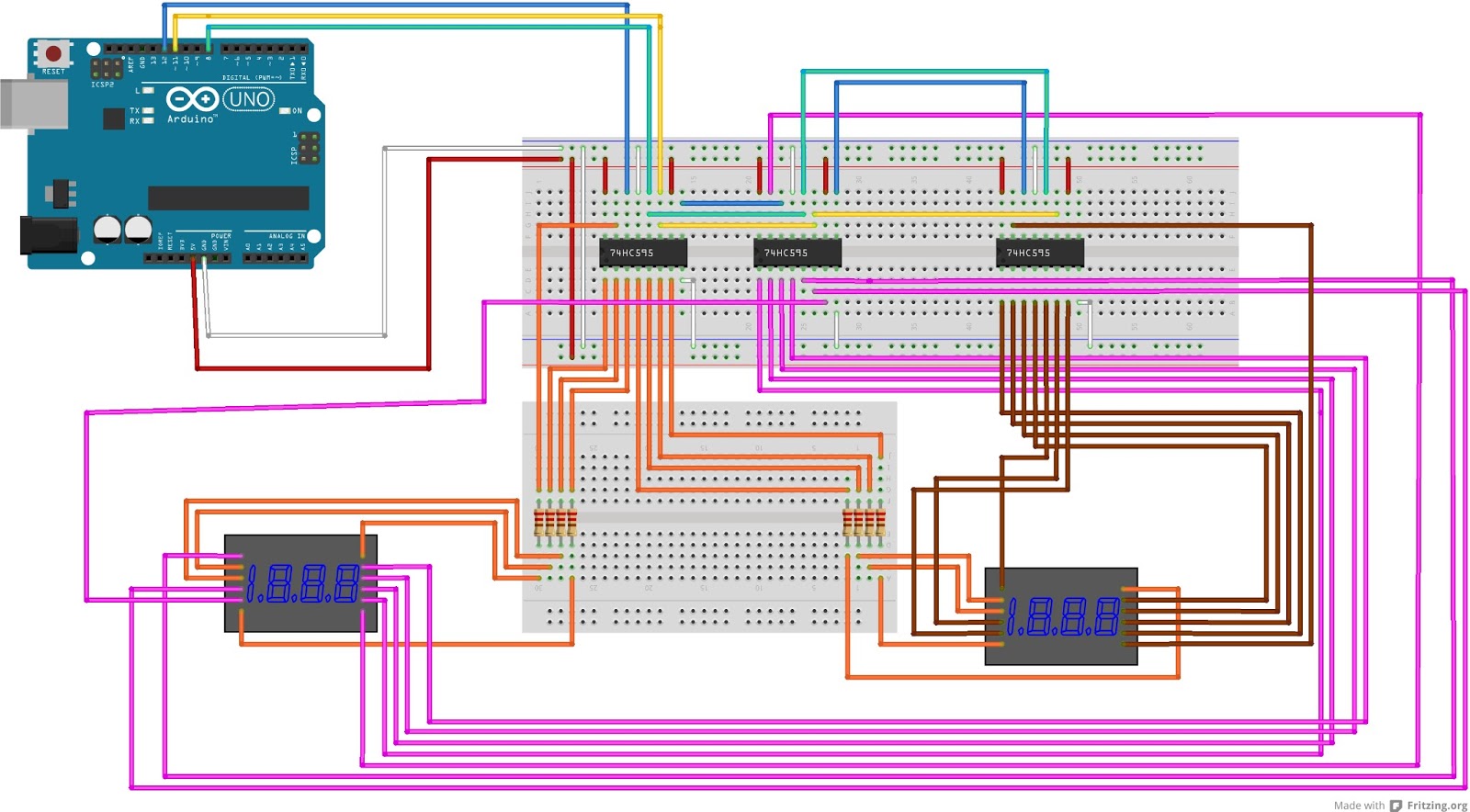 ARDUINO: Tres Multiplexores 74HC595 y dos displays 4x7