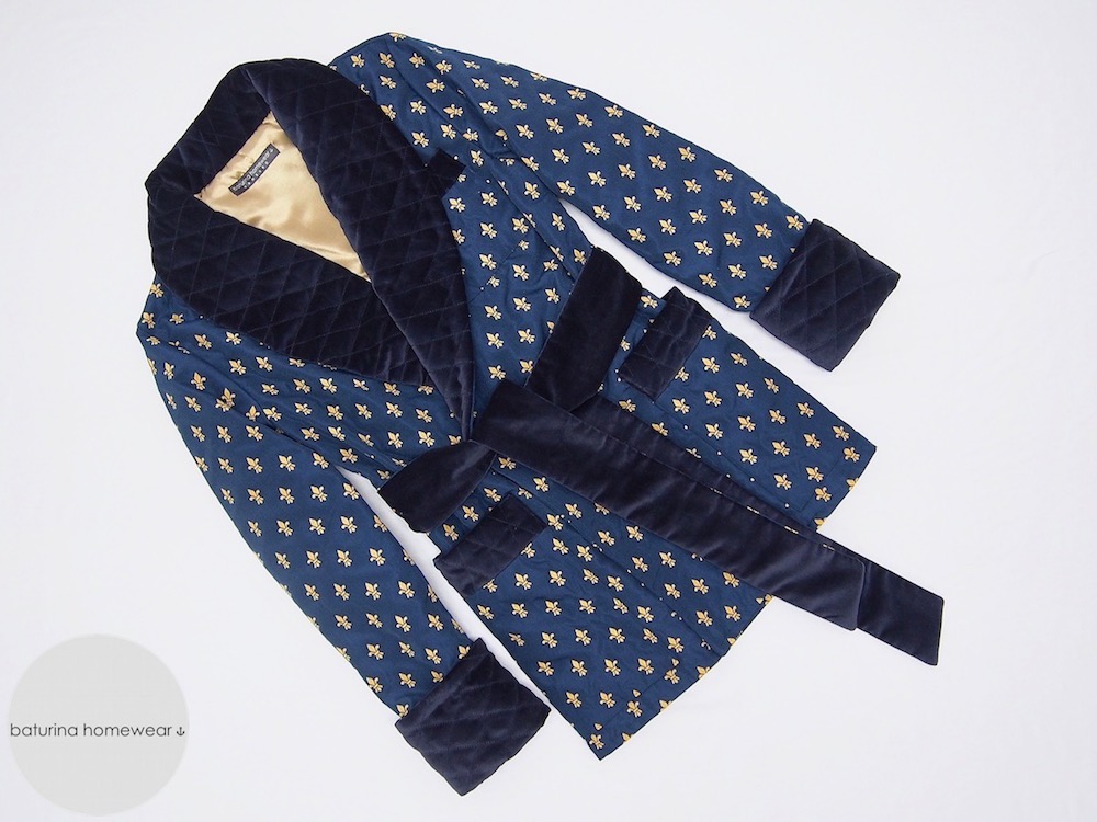 Gentleman's Dark Blue & Gold Smoking Jacket Robe in Cotton Jacquard ...