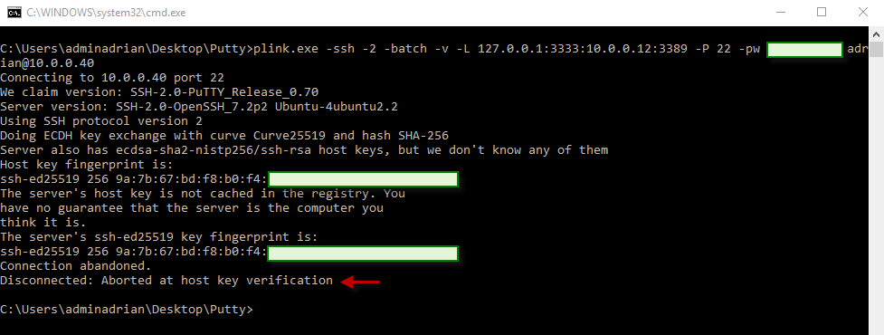 Plink SSH: Auto aceptar hostkey fingerprint al crear un túnel local port forwarding en SSH versión 2