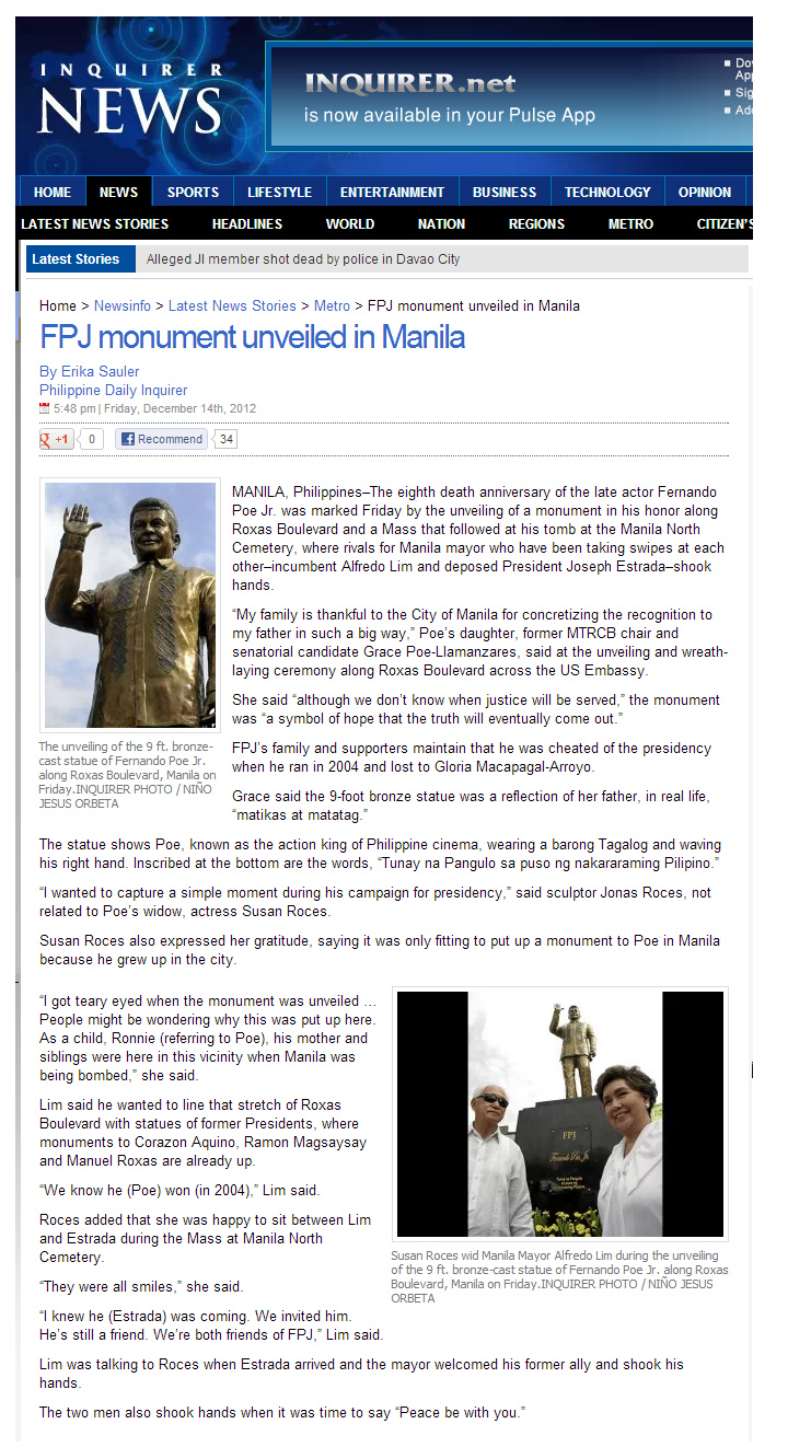 FPJ: FPJ MONUMENT UNVEILED IN MANILA/ DECEMBER 14, 2012