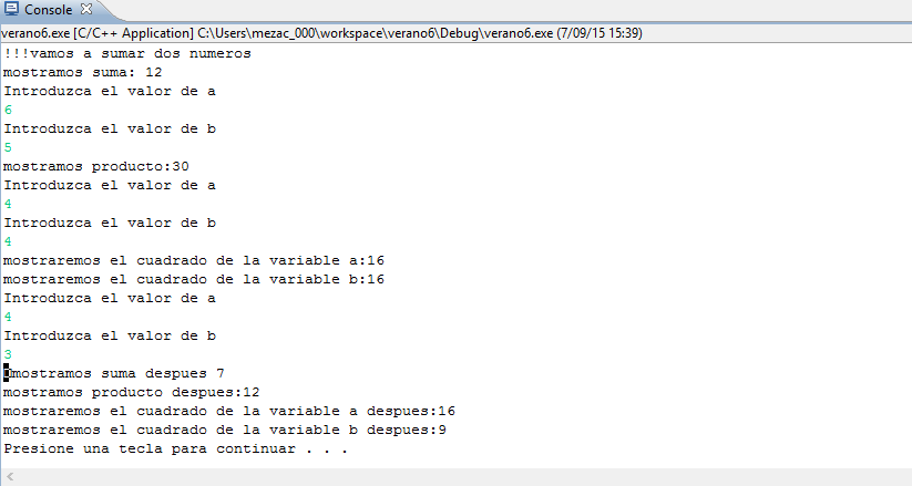 Programando en C++: Mostrar ademas de la suma de las dos el variables, producto y el cuadrado de ...
