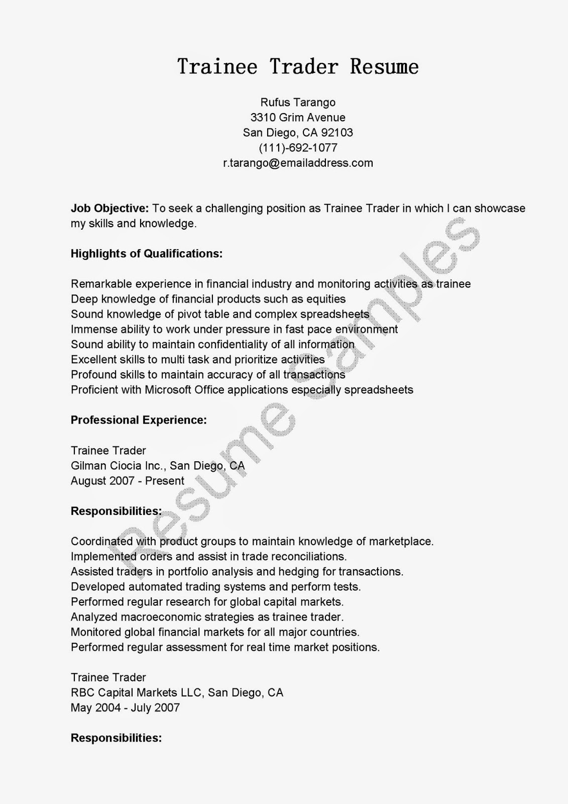 Resume Samples: Trainee Trader Resume Sample