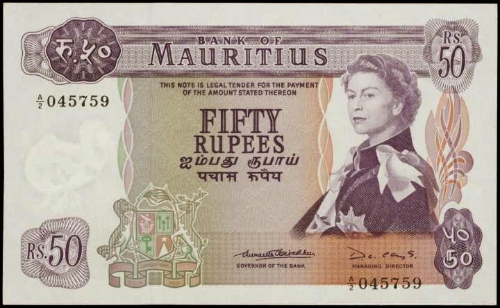 Mauritius 50 Rupees banknote 1967 Queen Elizabeth II|World Banknotes ...