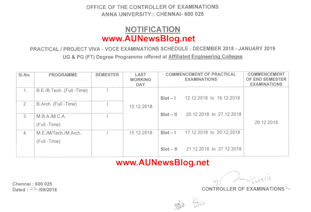 Anna University Practical Examination Schedule for Nov Dec 2018 & Jan ...