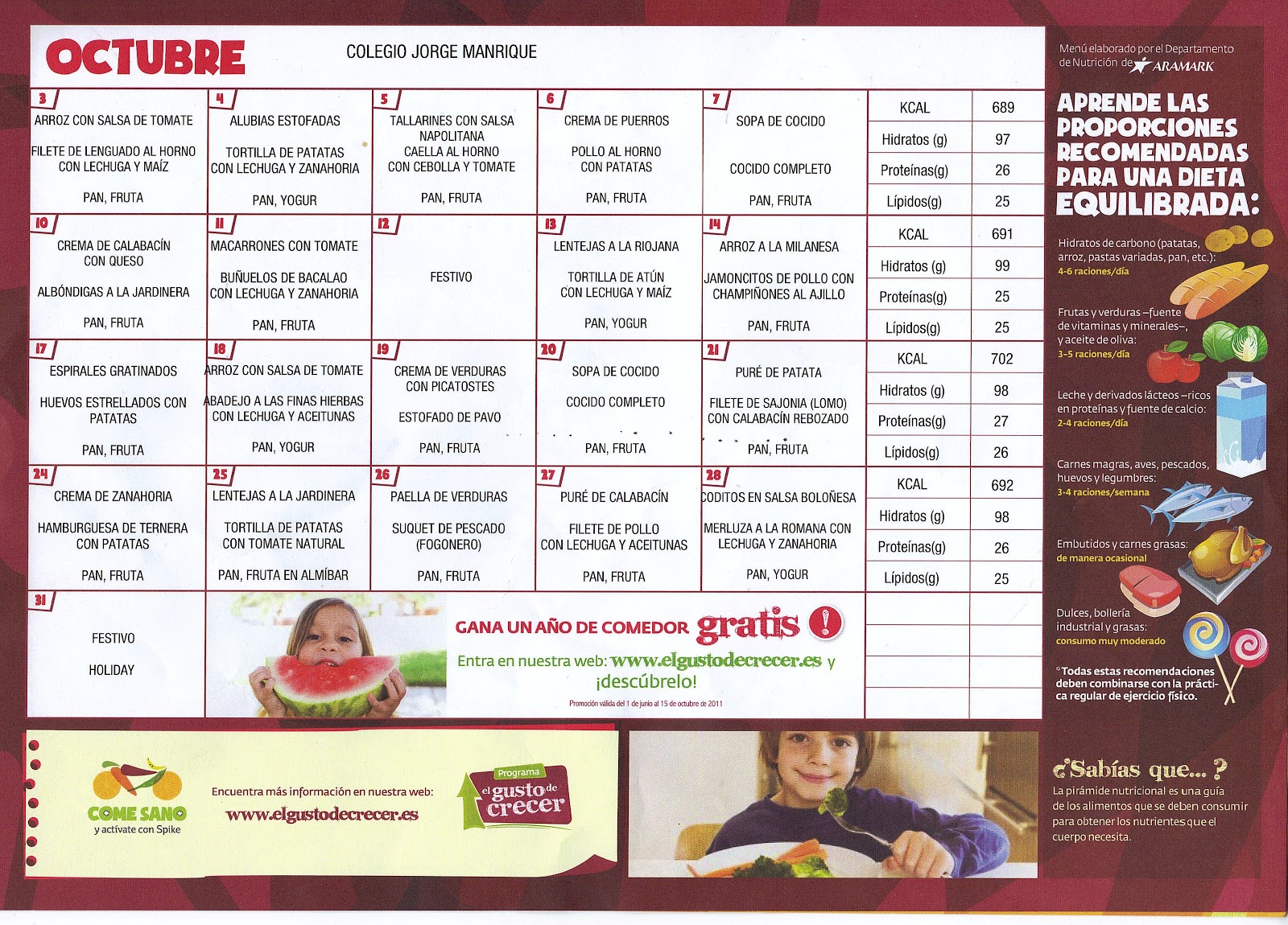 El Cole de Jorge Manrique : Aramark - Menú Comedor