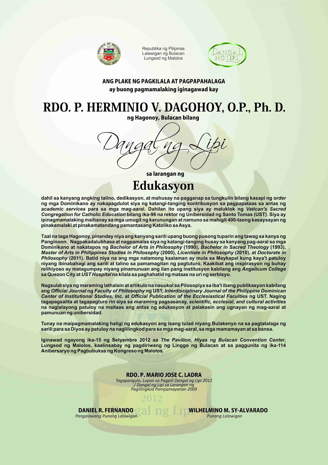 Mabuhay Images: 2012 Dangal ng Lipi Citations: Rdo. P. Hermino V ...